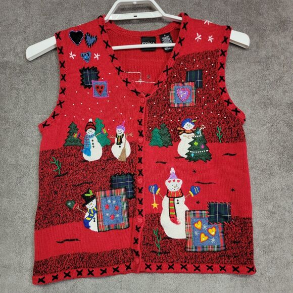 Erika | Sweaters | Erika Christmas Sweater Vest Womens Small Whimsy Snowman Red Applique ...